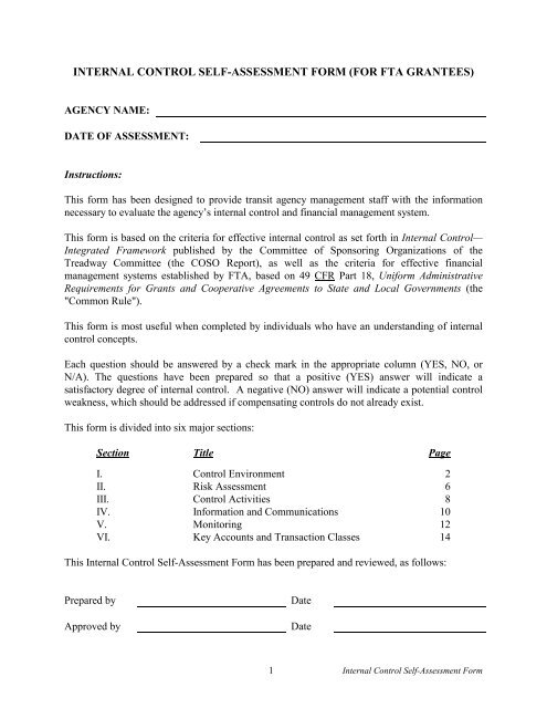 internal control self-assessment form - Federal Transit Administration