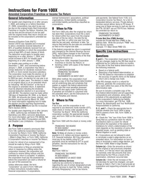 2006 Instructions for Form 100X - California Franchise Tax Board