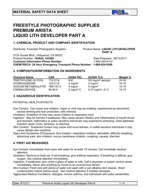 Arista Liquid Lith Developer Part A&B 1 gallon - Freestyle ...