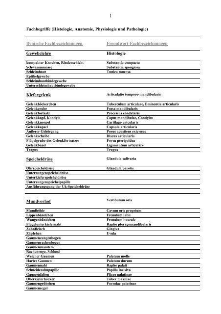 1 Fachbegriffe (Histologie, Anatomie, Physiologie und Pathologie ...