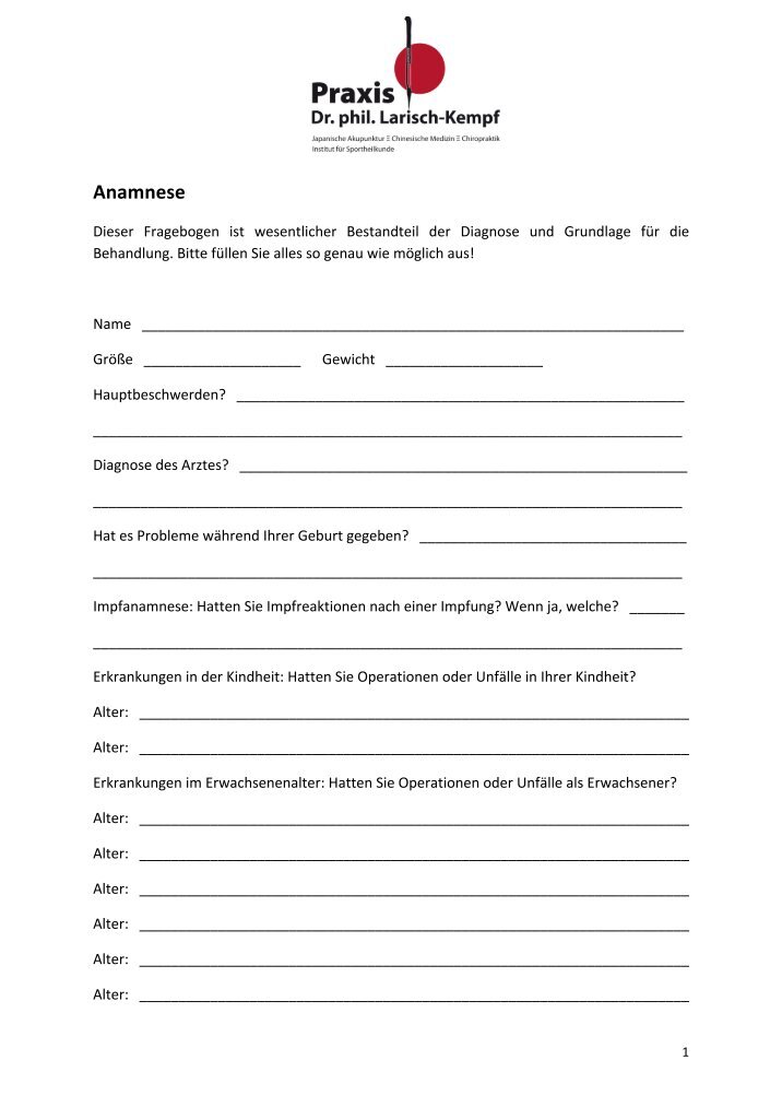 ANAMNESE: GESUNDHEITSFRAGEBOGEN Für eine an Ihren ...