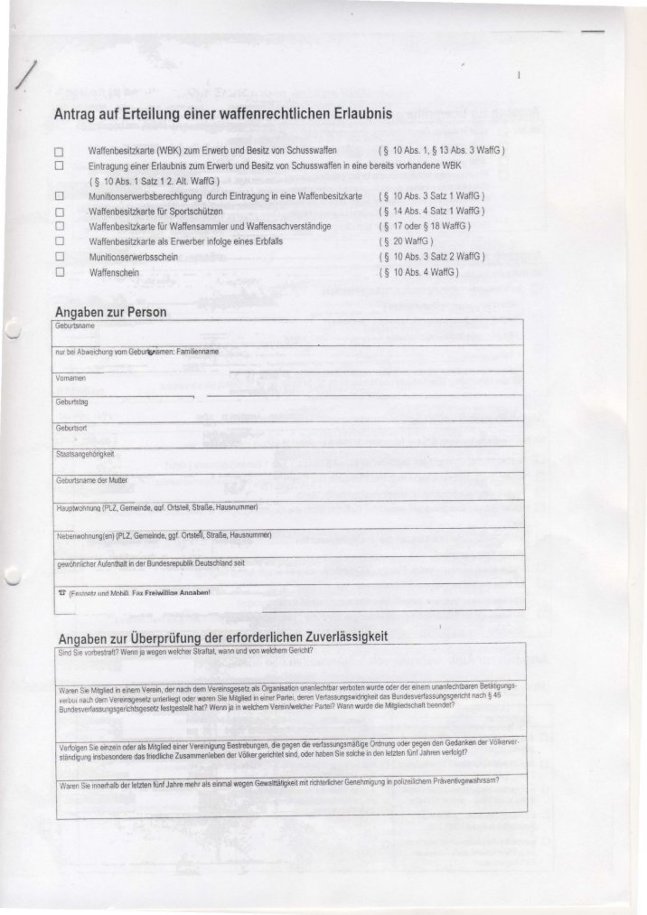 Antrag Erteilung Erlaubnis nach Waffengesetz