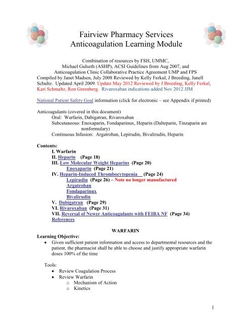 Fairview Pharmacy Services Anticoagulation Learning Module