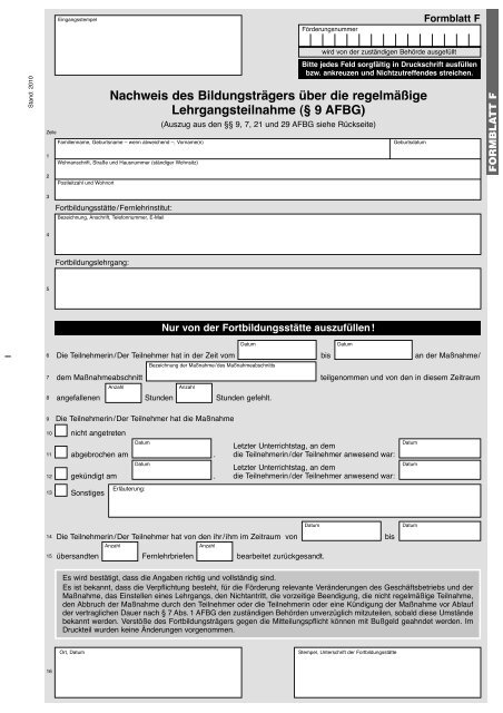 Formblatt F - Nachweis des Bildungsträgers über die regelmäßige