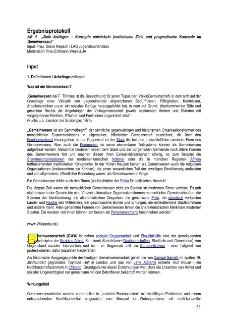 Ergebnisprotokoll AG 4: Ziele festlegen - Konzepte entwickeln