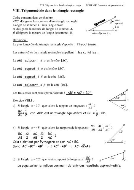VIII. Trigonométrie dans le triangle rectangle