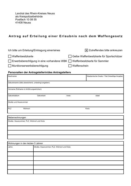 Antrag auf Erteilung einer Erlaubnis nach dem Waffengesetz