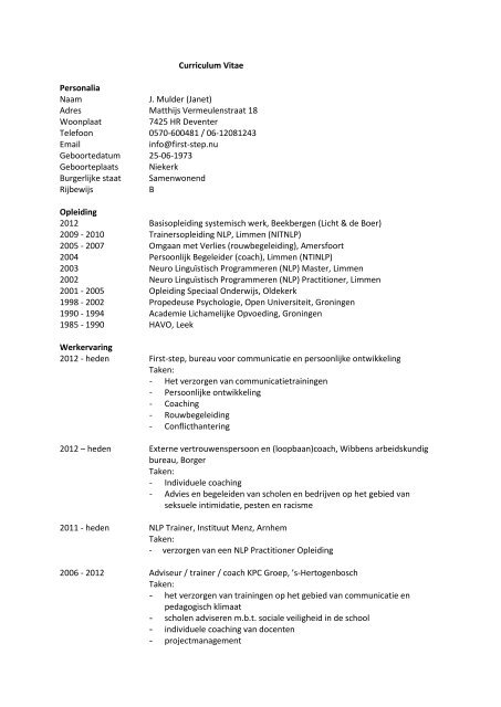 Curriculum Vitae Personalia Naam J. Mulder (Janet) Adres Matthijs ...