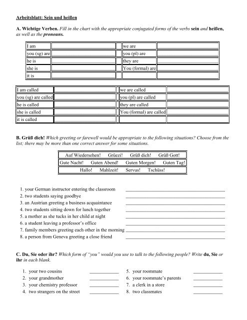 Arbeitsblatt: Sein und heißen A. Wichtige Verben. Fill in the chart ...