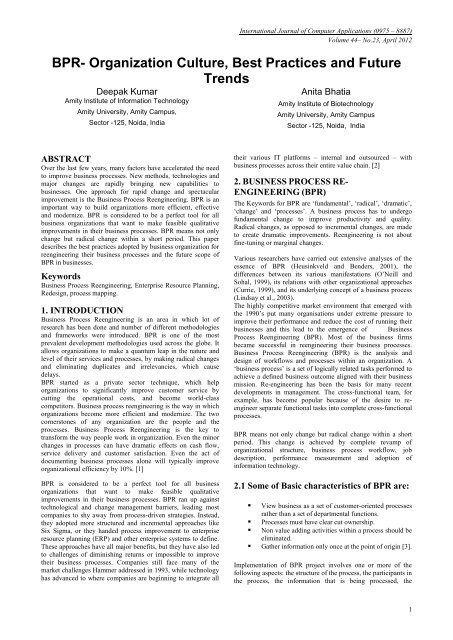 BPR- Organization Culture, Best Practices and Future Trends