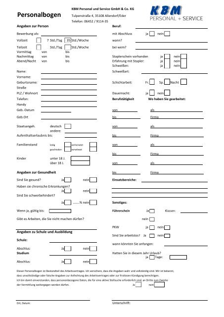 KBM Personalbogen als PDF-Datei - Zeitarbeit mal anders