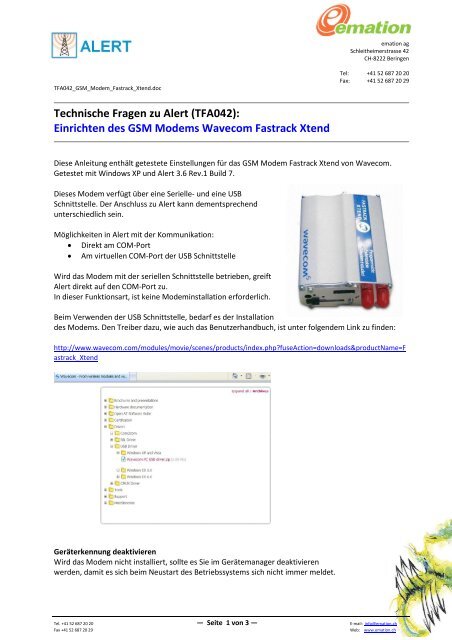 Einrichten des GSM Modems Wavecom Fastrack Xtend
