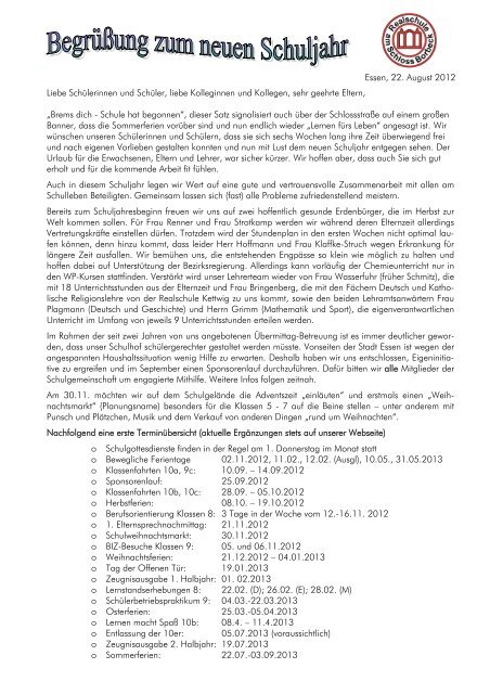 er Begrüßungsbrief der Schulleitung an alle Mitglieder der ...
