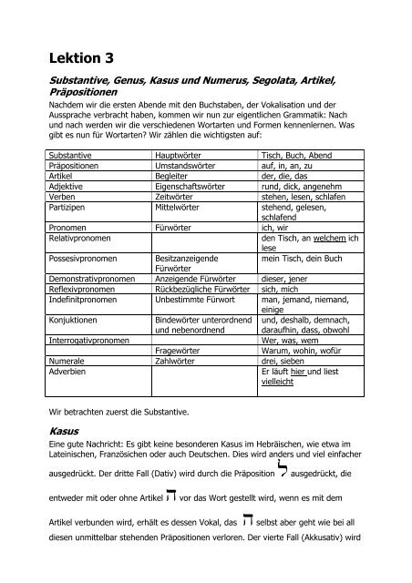 Lektion 3 Substantive, Genus, Kasus und Numerus, Segolata, Artikel ...
