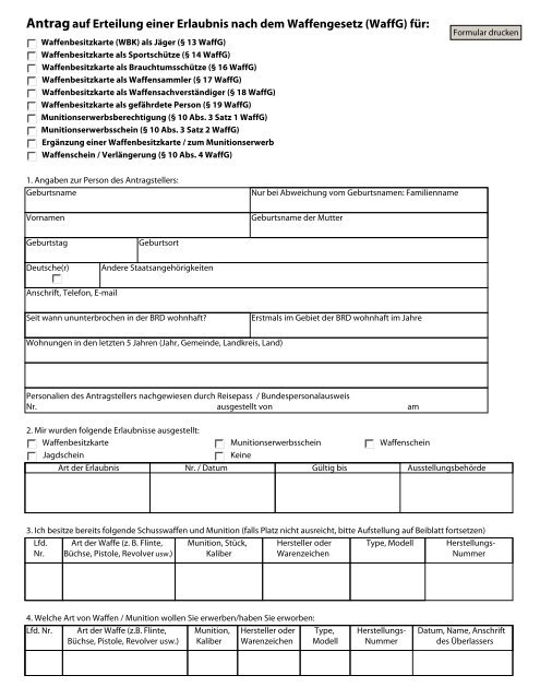Antragauf Erteilung einer Erlaubnis nach dem Waffengesetz (WaffG ...