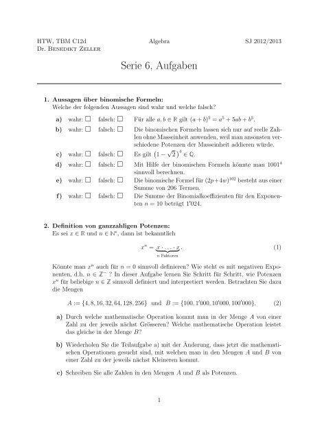 Serie 6, Aufgaben - MathPhys.ch