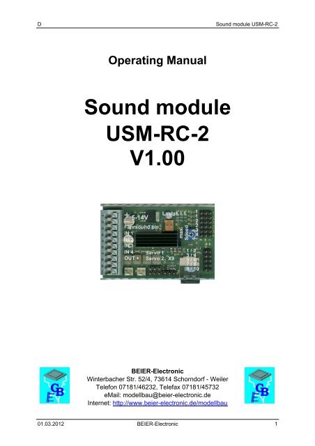 Operating Manual Sound module USM-RC-2 V1.00 - Beier-Electronic