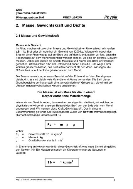 Physik 2. Masse, Gewichtskraft und Dichte