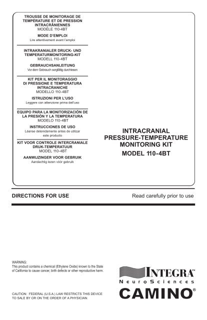 intracranial pressure-temperature monitoring kit model 110-4bt