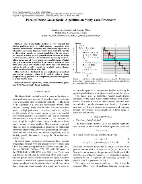 Parallel Dense Gauss-Seidel Algorithm on Many-Core ... - SOFA