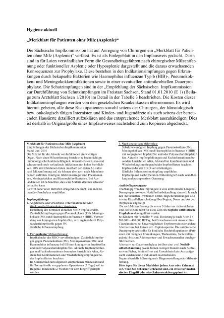 Hygiene aktuell „Merkblatt für Patienten ohne Milz (Asplenie ... - ghuss