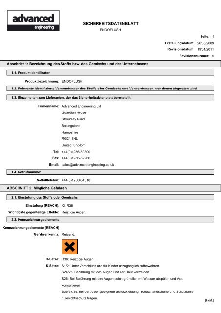 EndoFlush Sicherheitsdatenblatt - Advanced Engineering