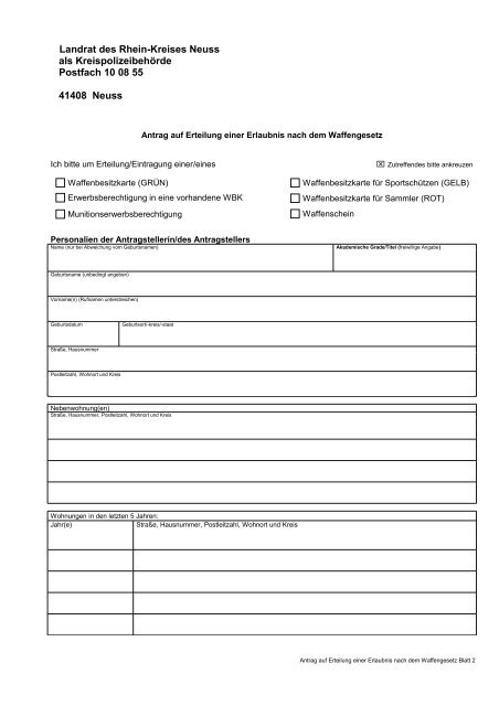 Antrag auf Erteilung einer Erlaubnis nach dem Waffengesetz