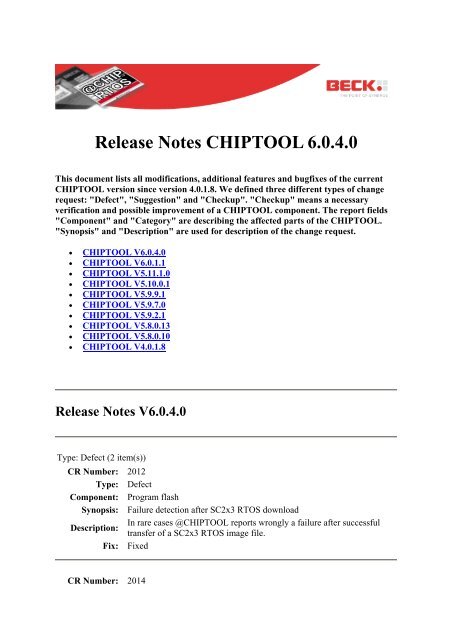 Release Notes CHIPTOOL 6.0.4.0 - Beck IPC Gmbh