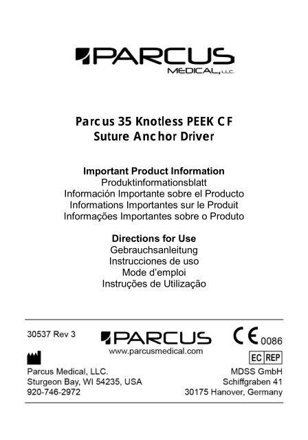 Parcus 35 Knotless PEEK CF Suture Anchor Driver - Parcus Medical ...