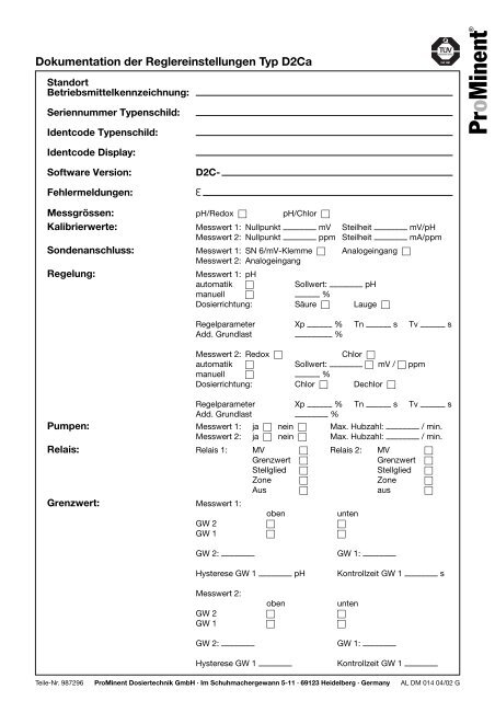 Dokumentation der Reglereinstellungen Typ D2Ca - ProMinent