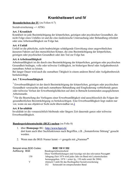 Krankheitswert und IV, Handout