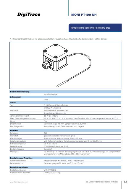 Datasheet DigiTrace MONI-PT100-NH - Pentair Thermal Controls