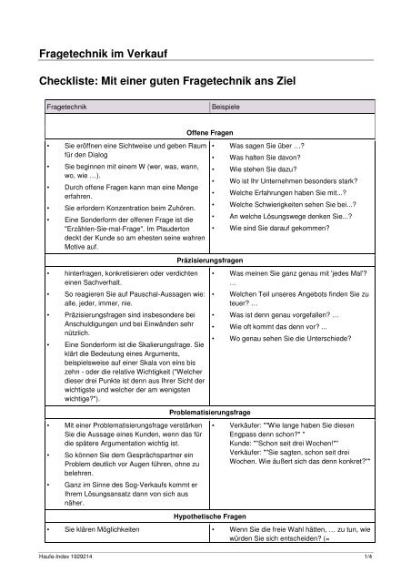 Fragetechnik im Verkauf Checkliste: Mit einer guten Fragetechnik ...