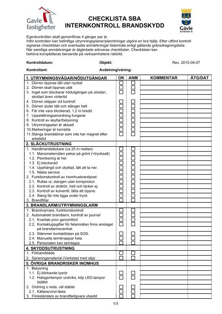 checklista sba internkontroll brandskydd - Gavlefastigheter