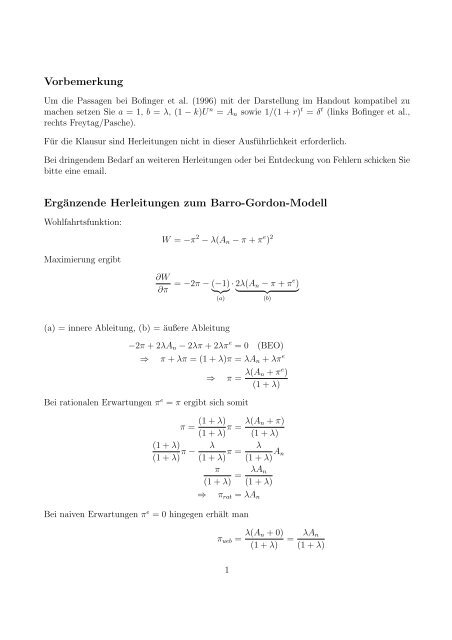Vorbemerkung Ergänzende Herleitungen zum Barro-Gordon-Modell