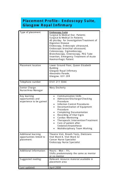 Placement Profile– Endoscopy Suite, Glasgow Royal Infirmary