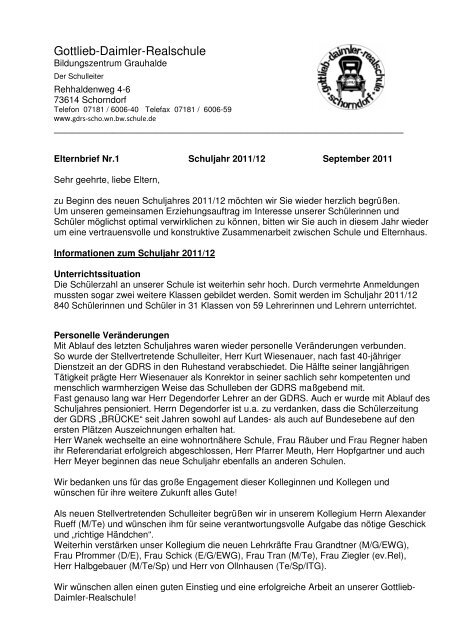 Elternbrief Nr. 1 der Schulleitung, Schuljahr 2011/12 - Gottlieb ...