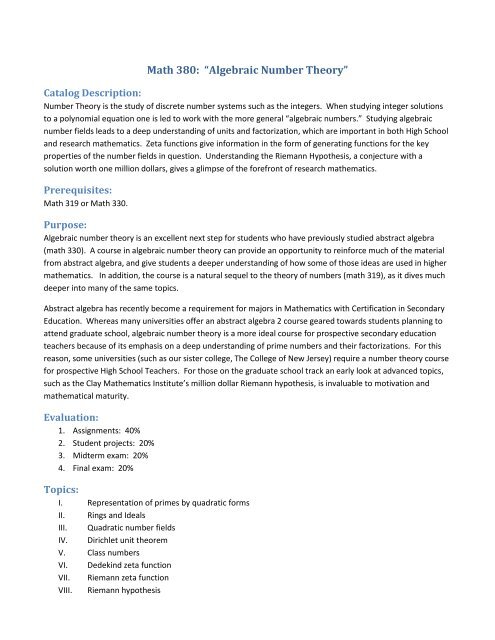 Math 380: “Algebraic Number Theory”