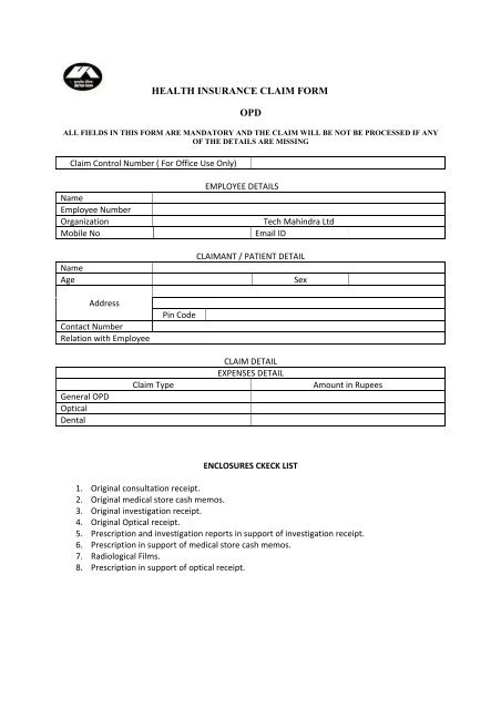 HEALTH INSURANCE CLAIM FORM OPD - Genins India TPA Ltd.