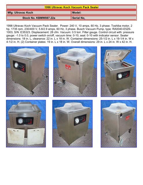 1998 Ultravac Koch Vacuum Pack Sealer - Genemco, Inc.
