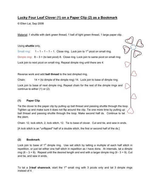 Lucky Four Leaf Clover (1) on a Paper Clip (2) as a Bookmark