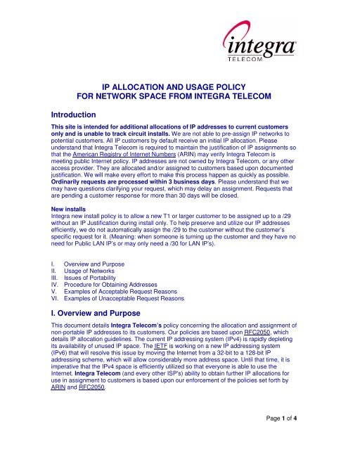 IP ALLOCATION AND USAGE POLICY FOR ... - Integra Telecom