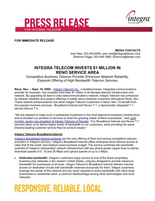 INTEGRA TELECOM INVESTS $1 MILLION IN RENO SERVICE AREA