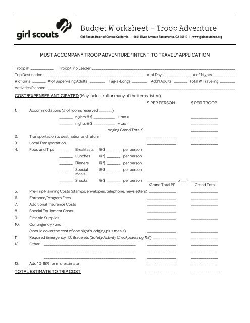 Initial Budget Worksheet 895 - Girl Scouts Heart Of Central California