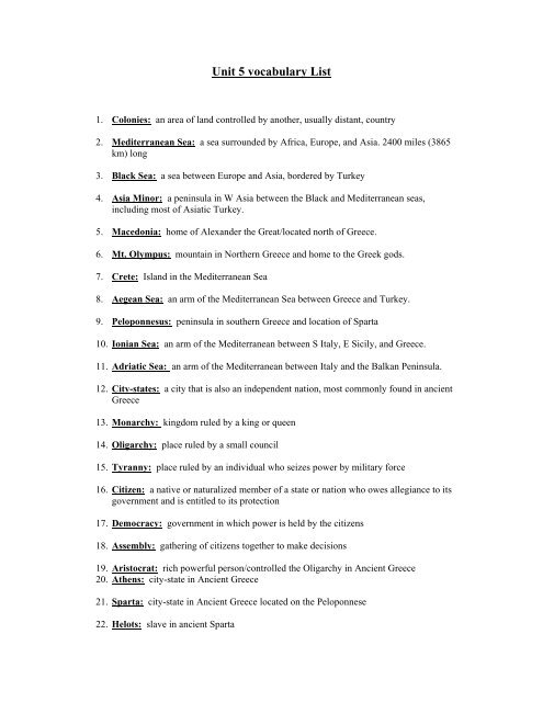 Unit 5: Vocabulary List