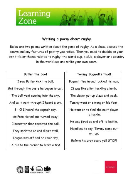 Writing a poem about rugby - Worksheet - Gloucester Rugby Heritage