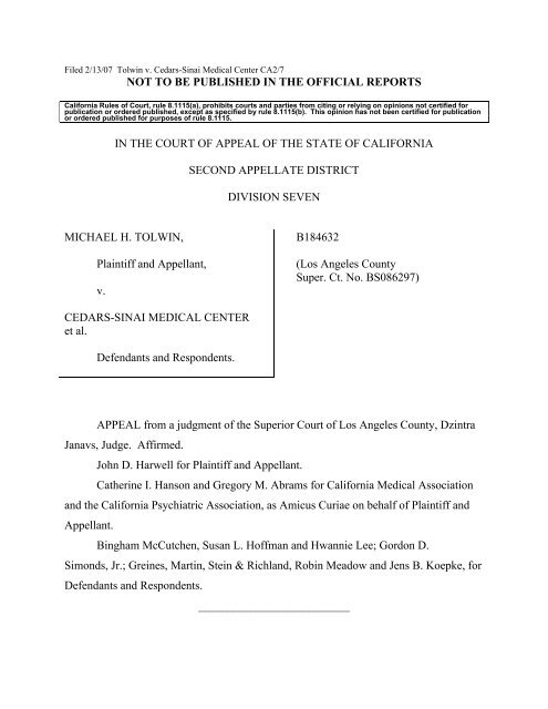 Tolwin v. Cedars-Sinai Medical Center Opinion - Greines, Martin ...