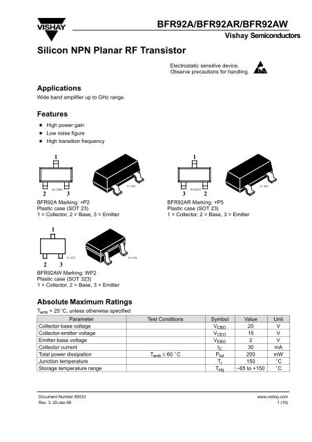 BFR92A/BFR92AR/BFR92AW Silicon NPN Planar RF Transistor