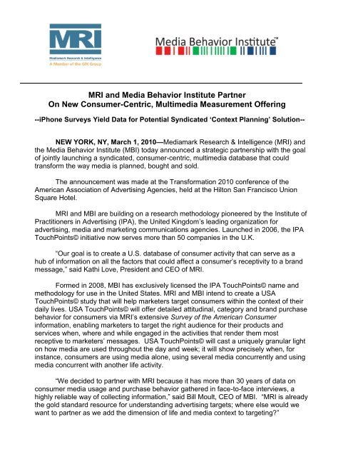 MRI and Media Behavior Institute Partner On New ... - GfK MRI