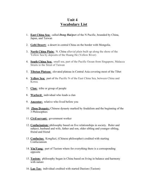 Unit 4: Vocabulary List